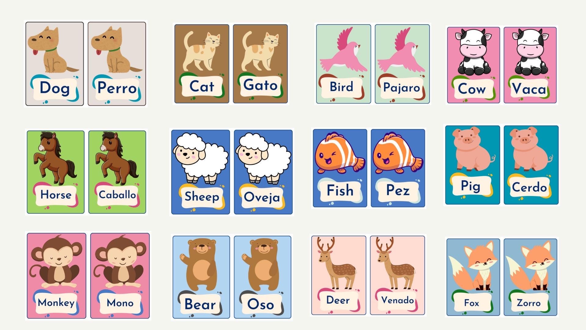 40 Bilingual Animal Flash Cards for Preschoolers English & Spanish ...