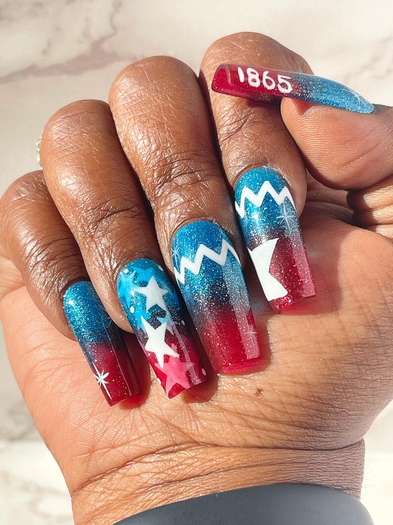 Glitter Blue & Red Ombre Press on Nails, Handmade Juneteenth Texas Flag ...