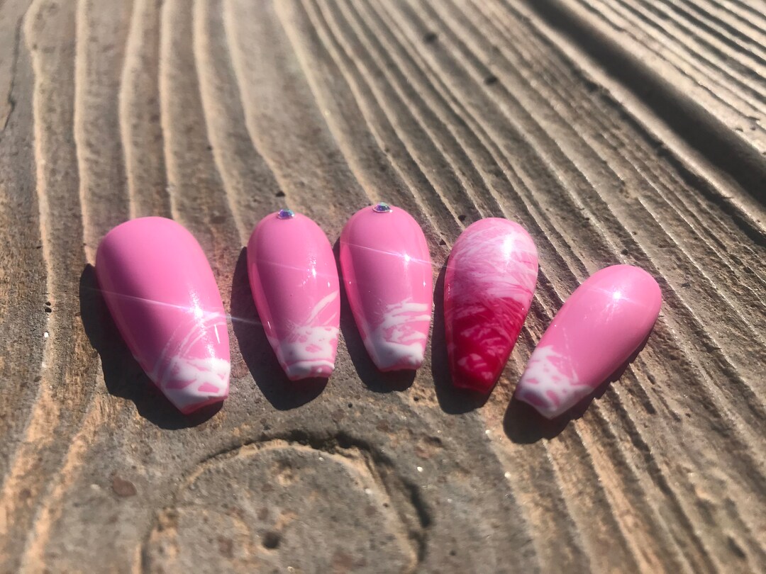 Pink and White Press on Nails Strawberry Chocolate Drizzled Nails Full ...