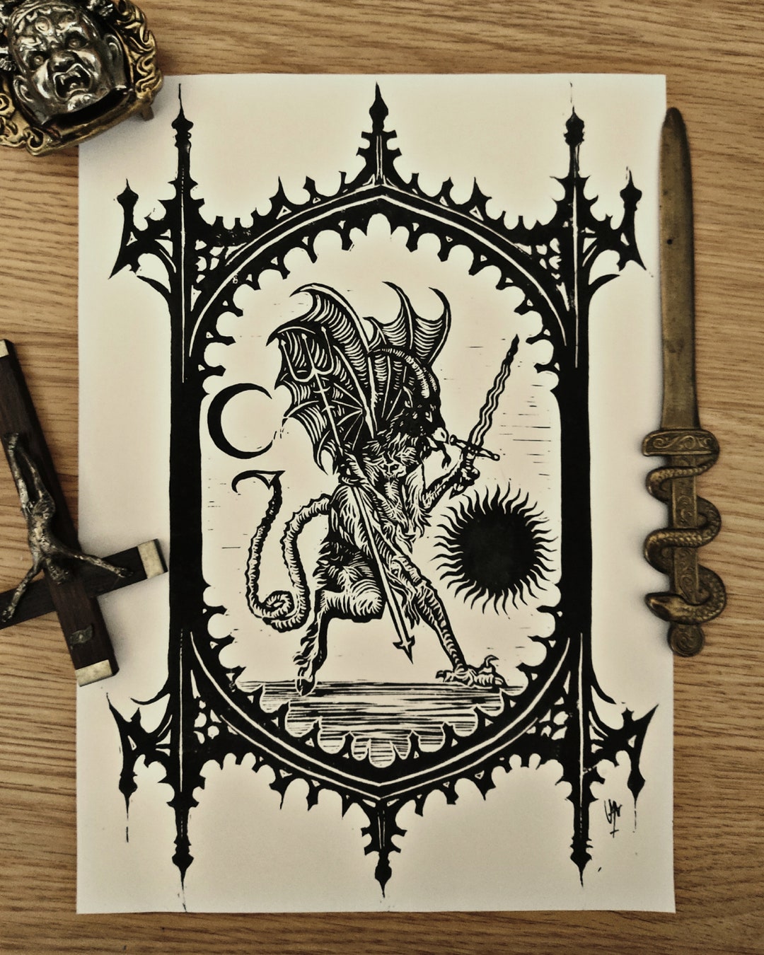 Gothic Demon Linocut - Etsy