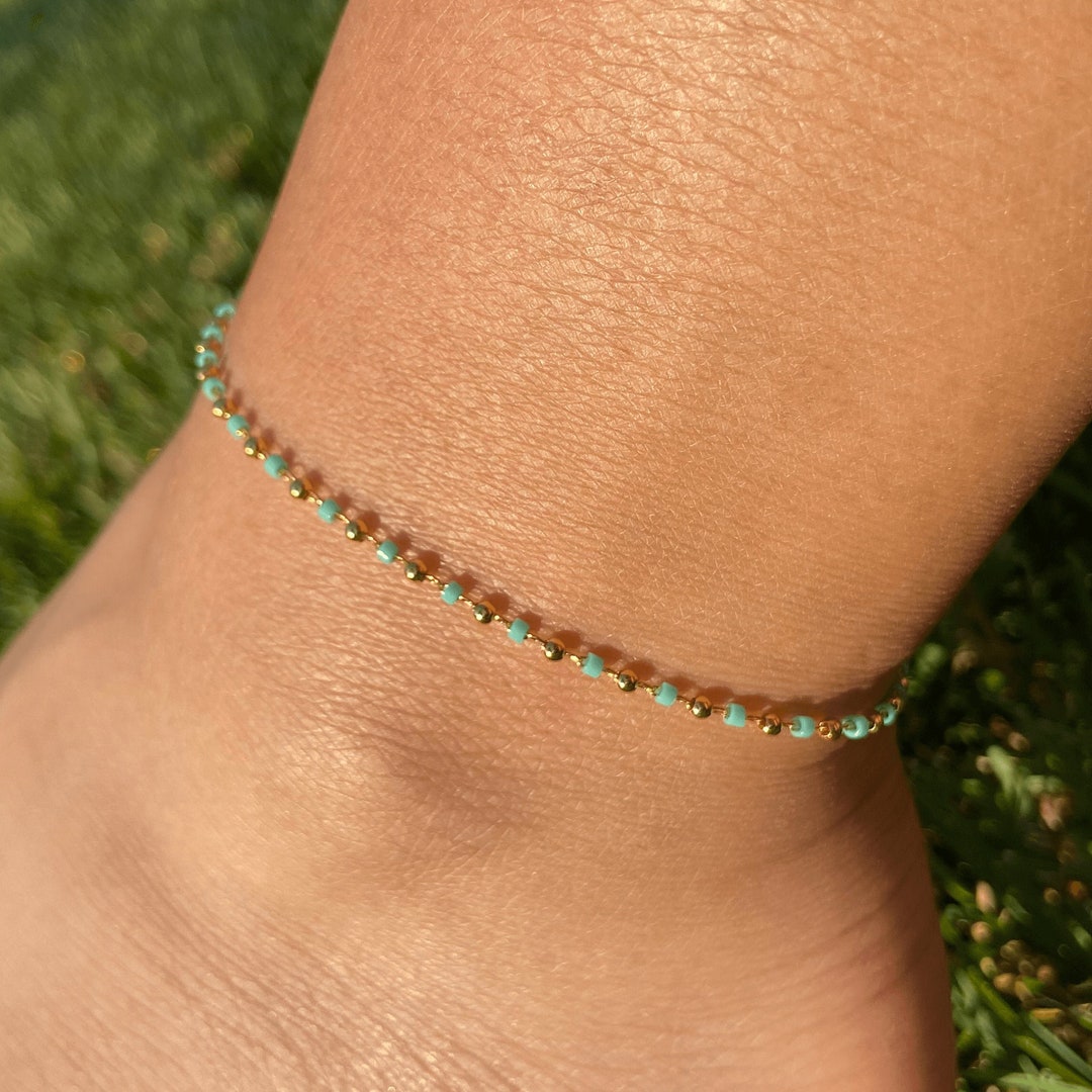 Beaded Anklet / Beaded Gold Anklet / Turquoise and Gold Anklet / Gold ...