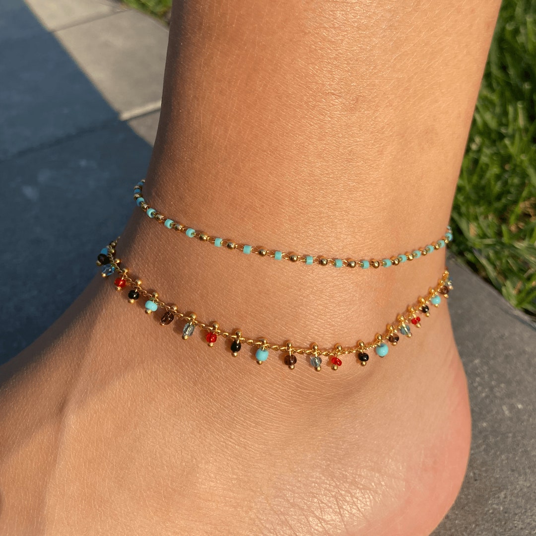 Beaded Anklet / Beaded Gold Anklet / Colourful Anklet / Gold Chain ...
