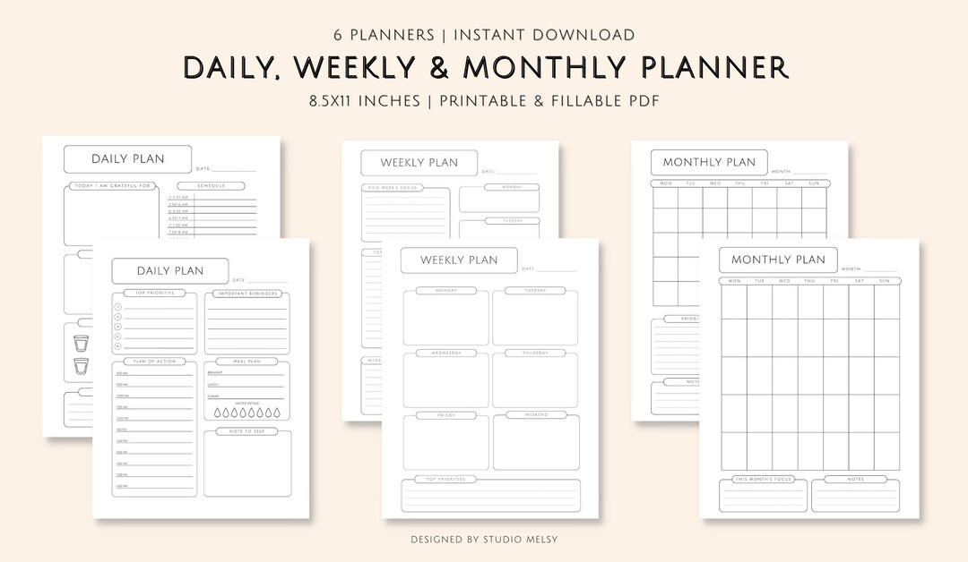 Minimalist Daily Planner, Weekly Planner, Monthly Planner, Printable ...