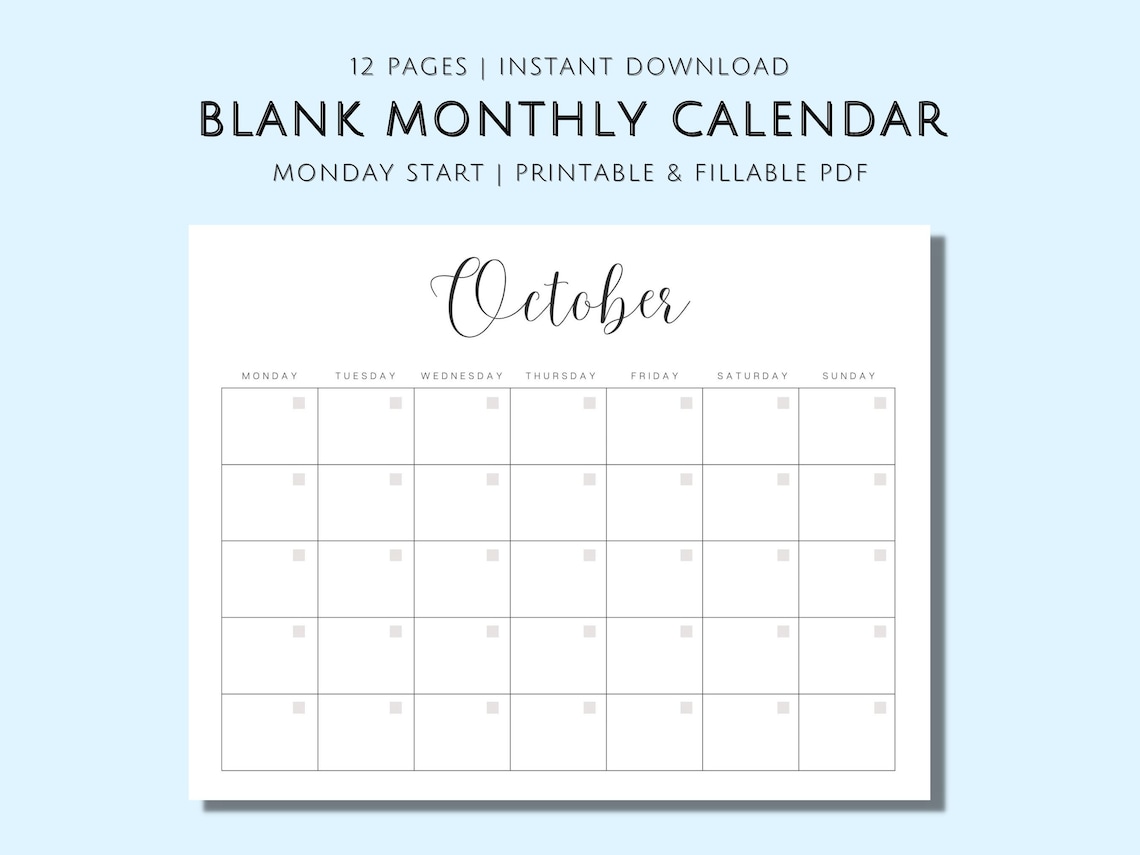 Monthly Blank Calendar (monday Start), Simple Cute Calligraphy Calendar ...