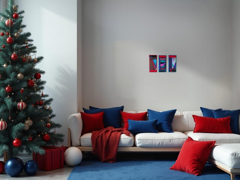 Embroidered Textile Art - Blue & Red Abstract Wall Decor - Original ...
