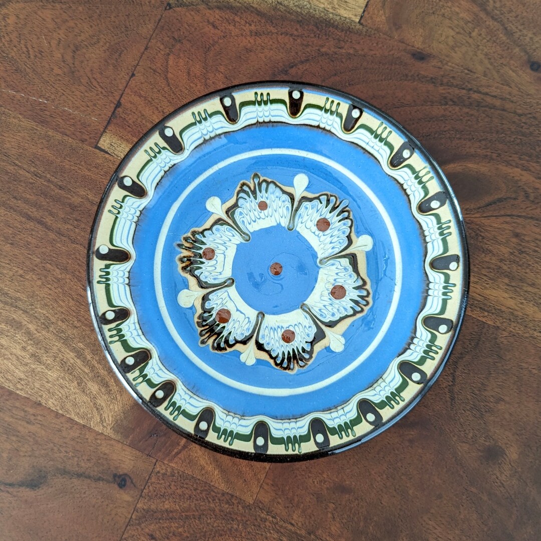 Vintage Bulgarian Troyan Redware Pottery Plate in Blue Peacock Pattern ...