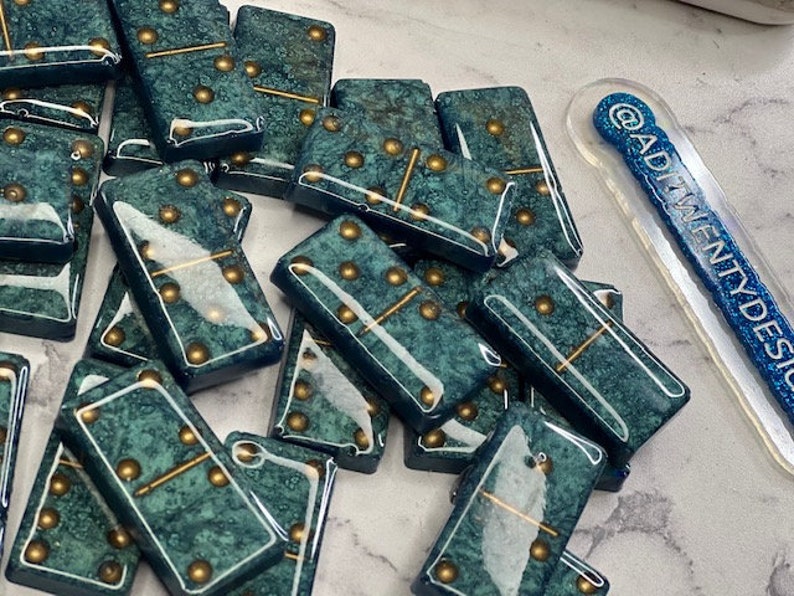 Classic Green and Gold Dominoes Table Top Tile Game Resin Handcrafted ...