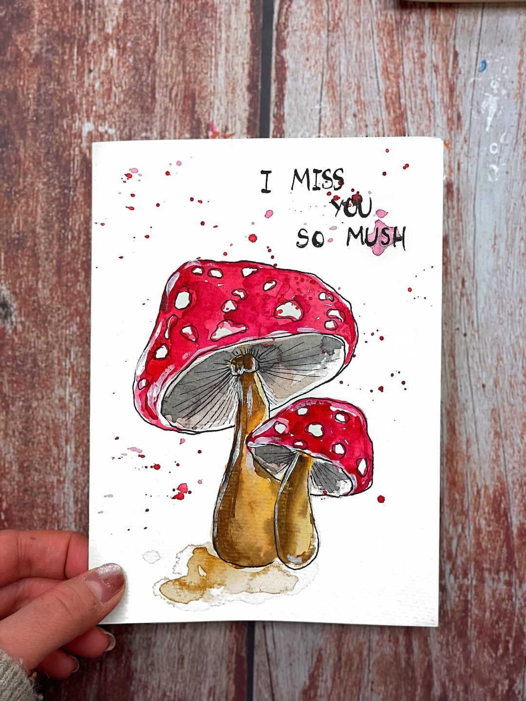 I Love You so Mush Hand-painted Original Watercolour Card Cute Mushroom ...