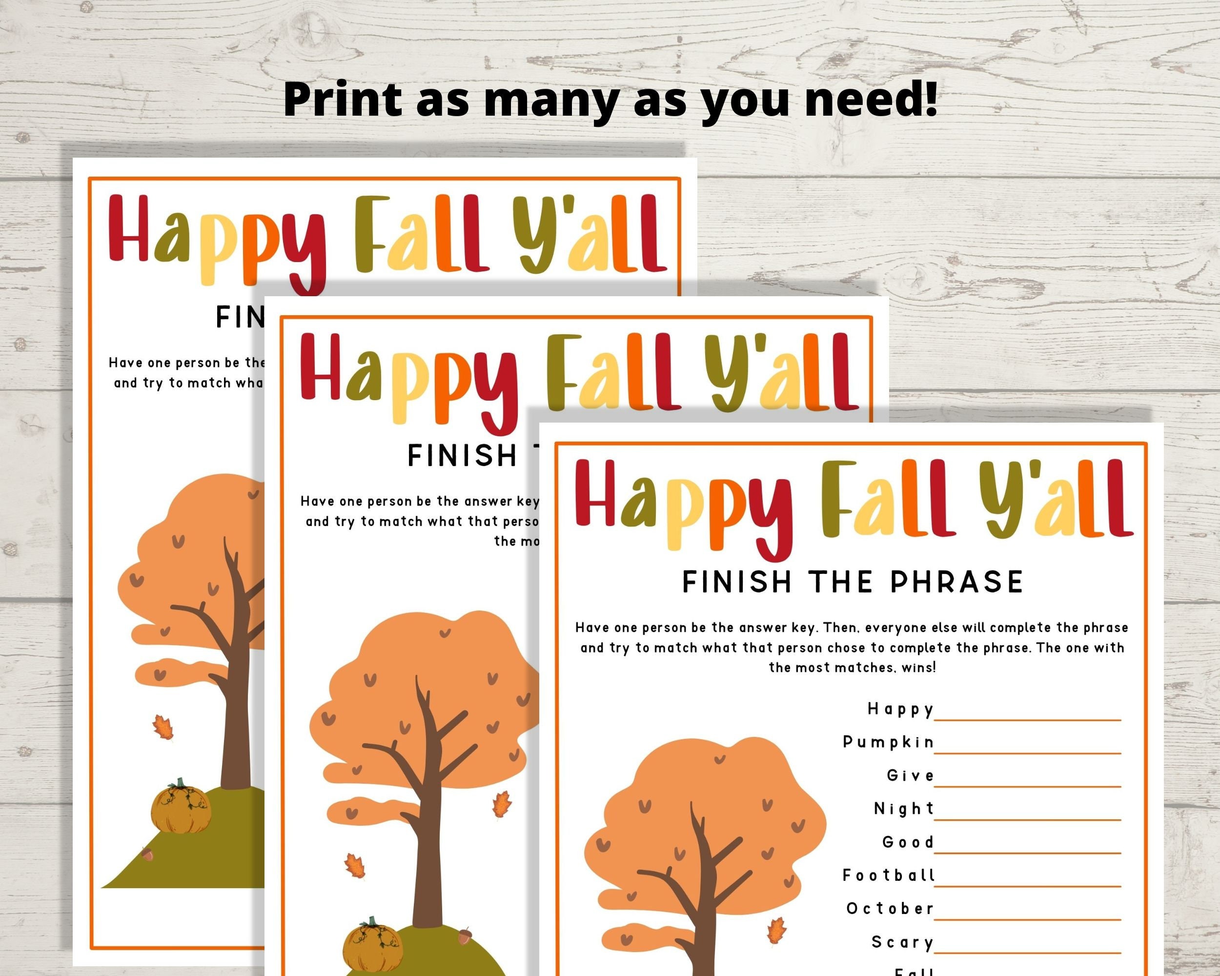 Fall Finish the Phrase Game Autumn Family Fun Game Finish - Etsy