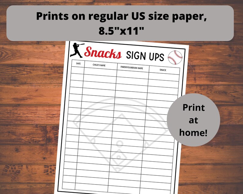 Baseball Snack Sign up Sheet Baseball Printable, Baseball Snacks Sign ...