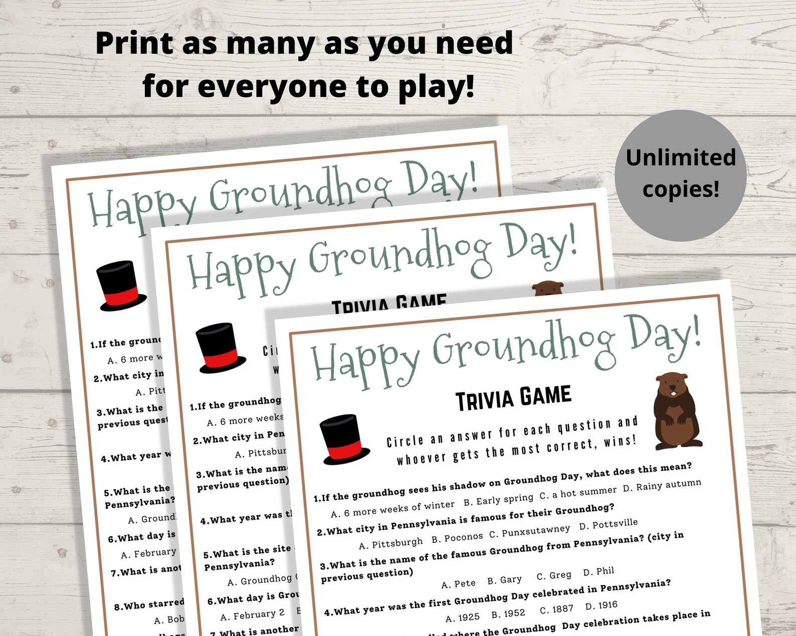 Groundhog Day Trivia Game Groundhog Day Activity, Ground Hog Day Quiz ...