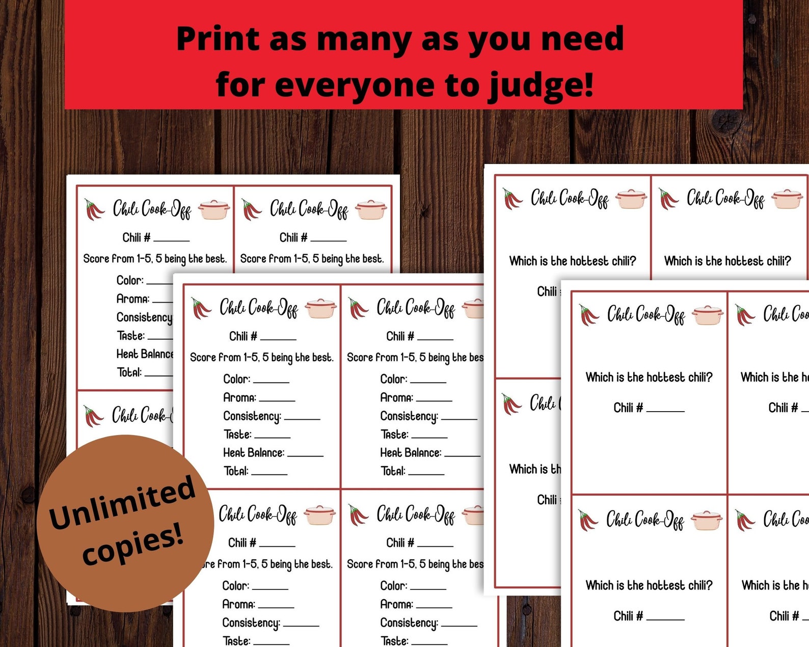 Chili Cook off Printable Set - Chili Contest Scorecards, Chili ...