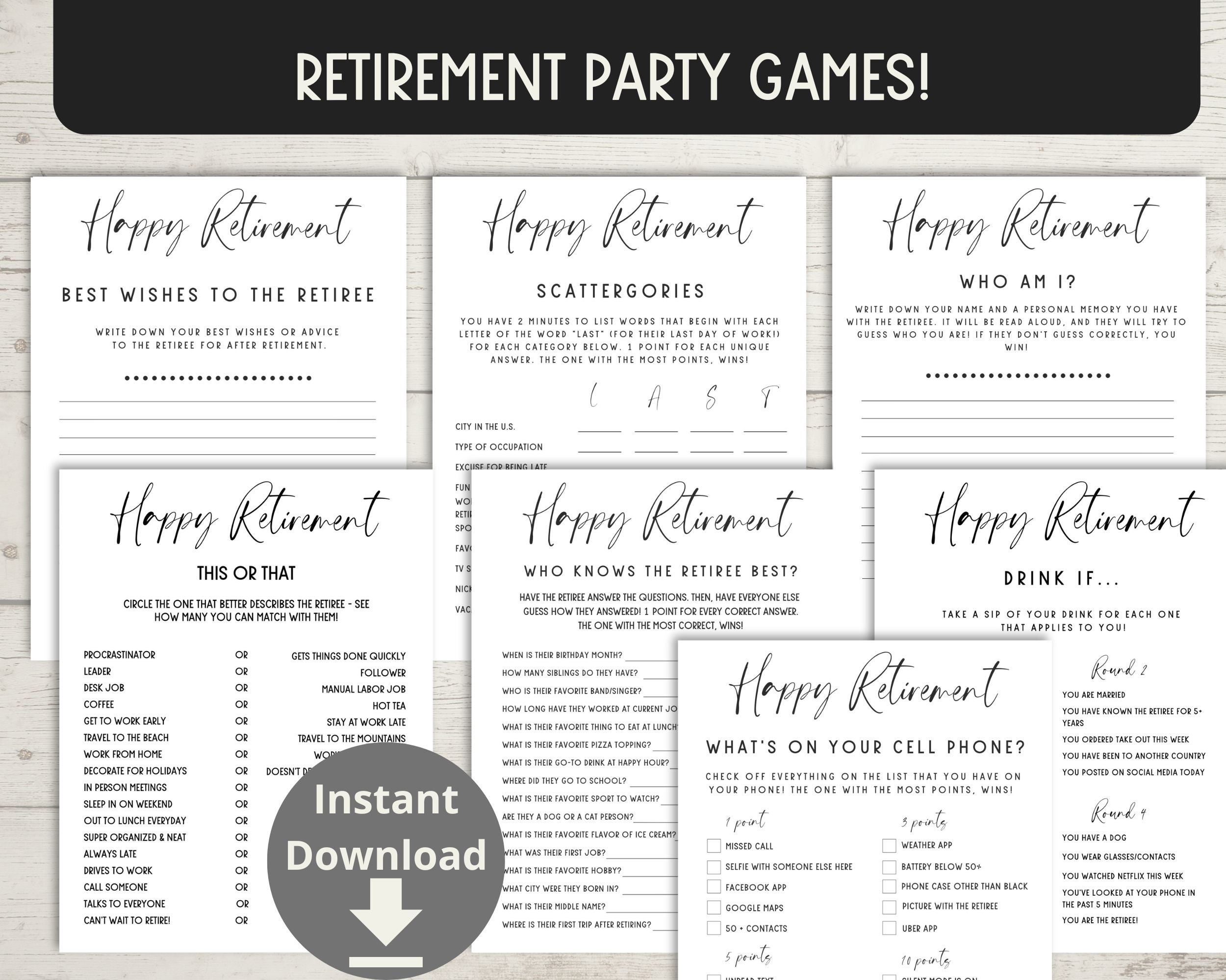 Retirement Party Games - Retirement Game Bundle, Retirement Party Ideas ...