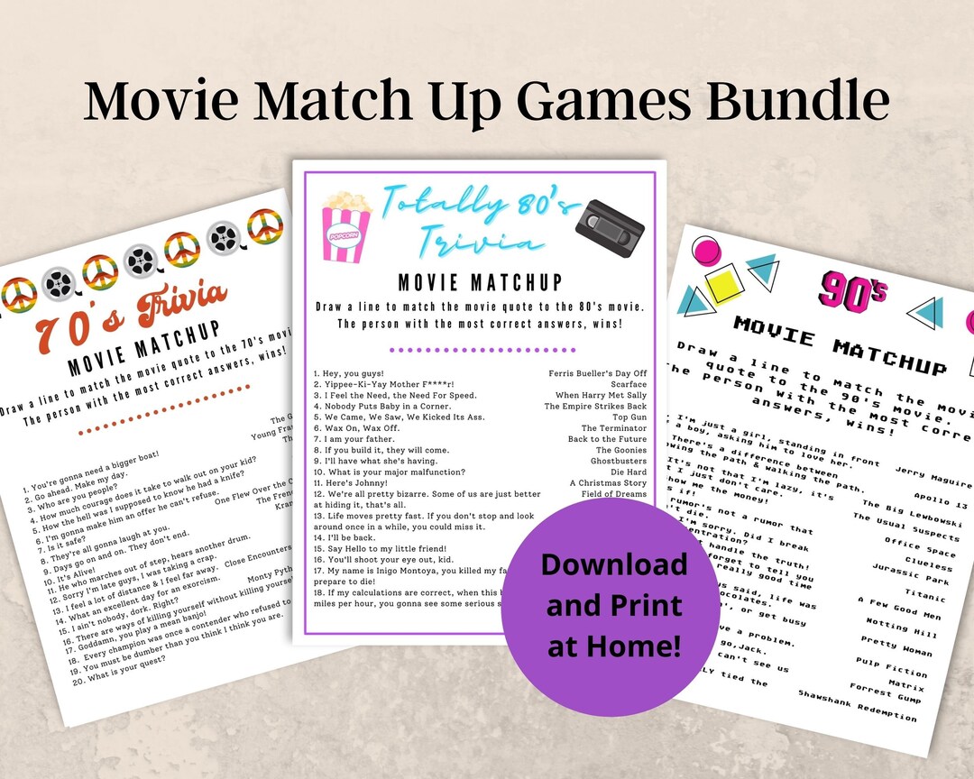 Movie Quotes Match up Game - Movie Trivia Party Game, 70's 80's 90's ...