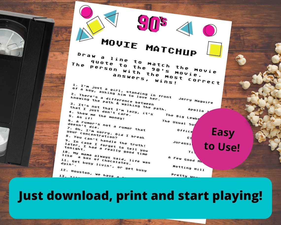 90's Movie Matchup Trivia Game - 90s Themed Birthday Game, 1990s Party ...