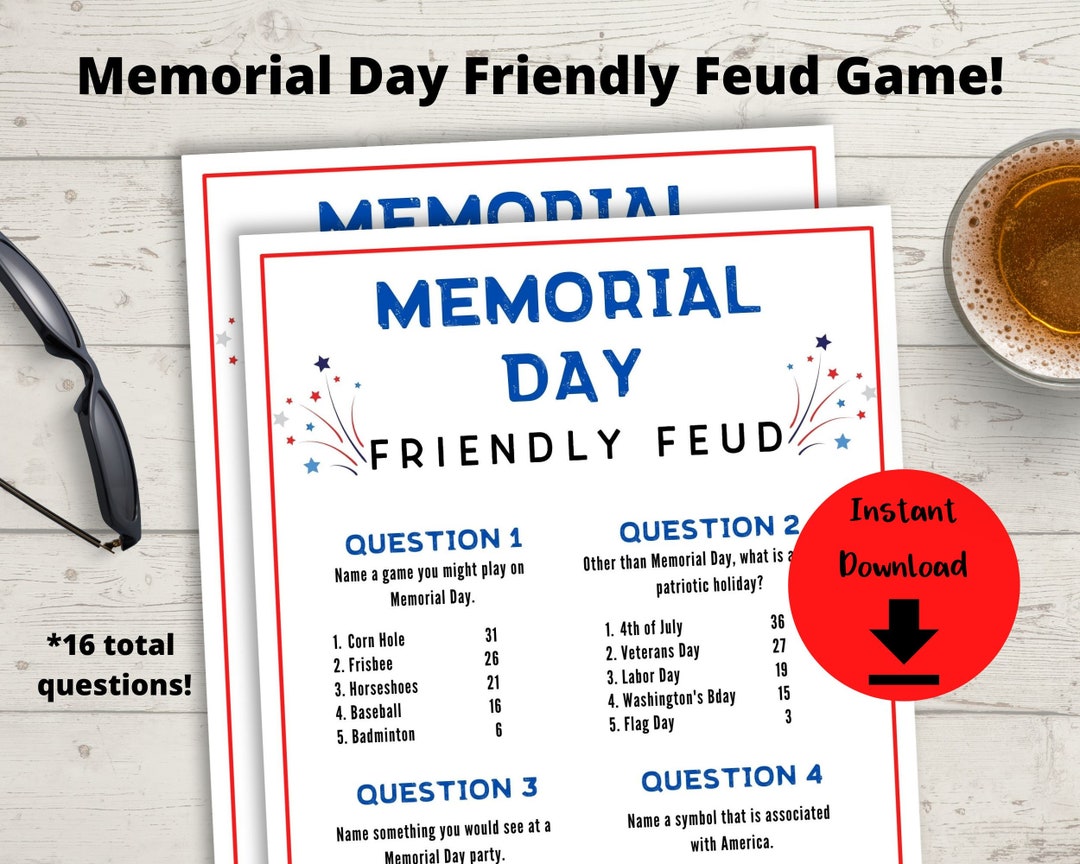 Memorial Day Games - Friendly Feud Trivia Game, Printable Patrtiotic ...