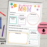 All About My Mom Kid Questionnaire, Mother's Day Keepsake, Mothers Day ...