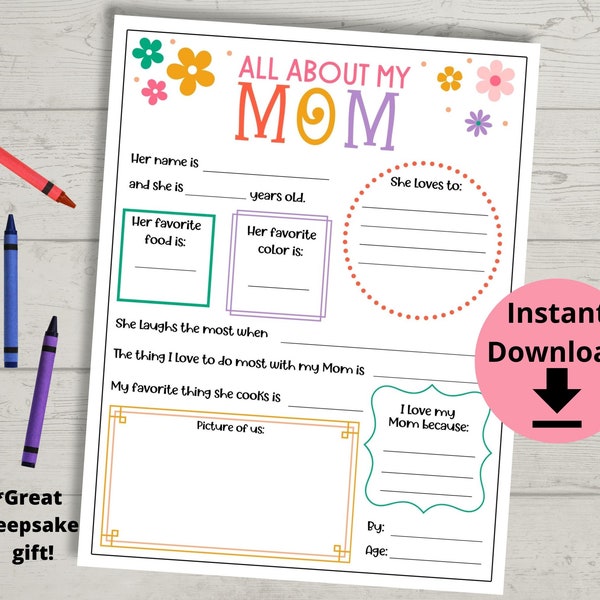 All About My Mom Kid Questionnaire, Mother's Day Keepsake, Mothers Day ...