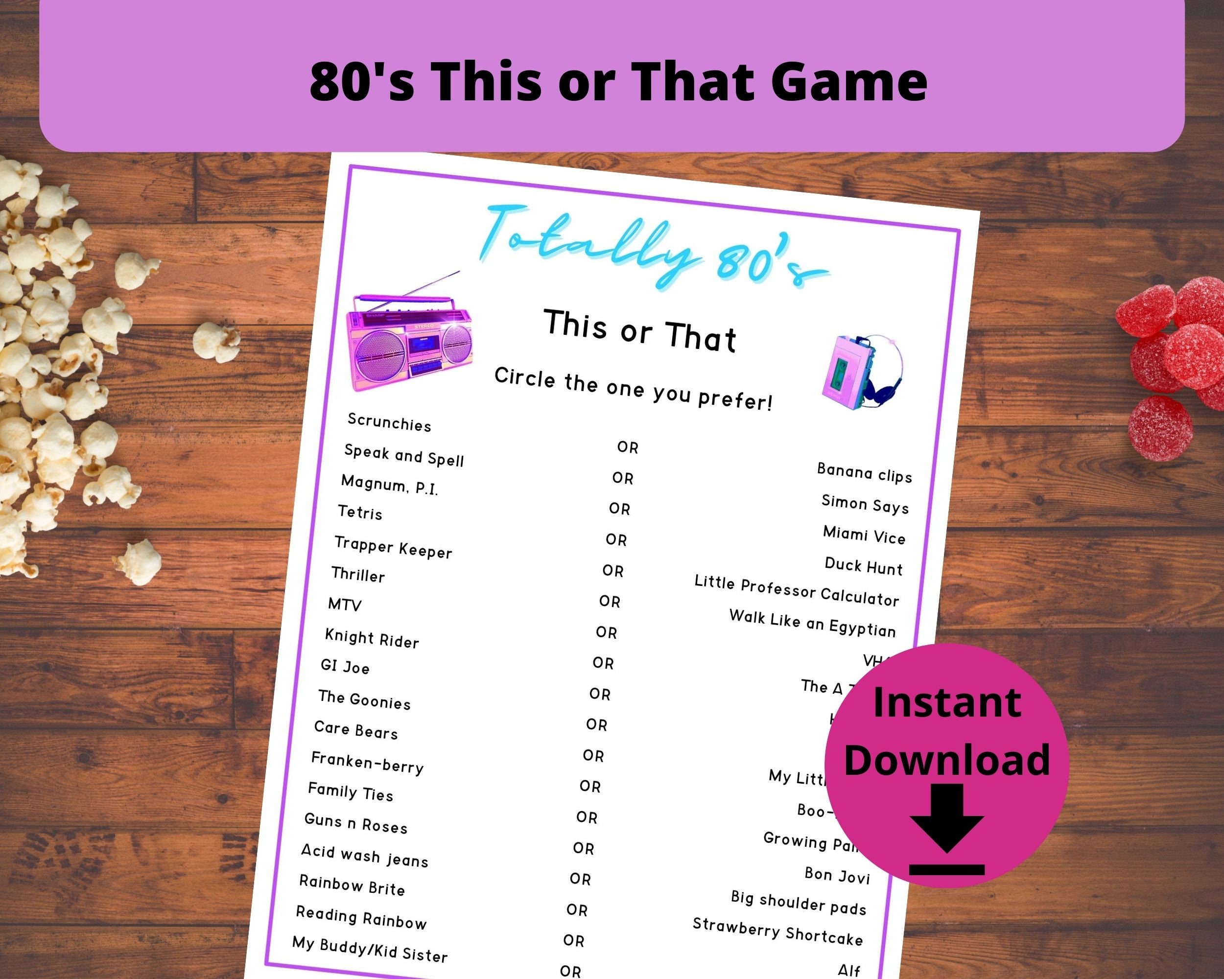 80's Party Games - This or That Game, 80s Themed Game, 50th or 40th ...