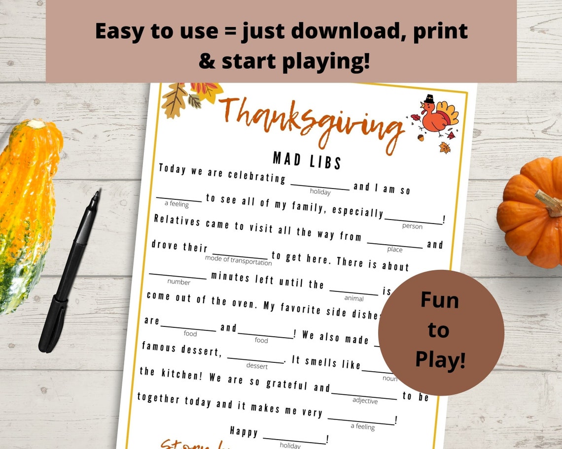 Thanksgiving Mad Libs Game Children's (Instant Download) - Etsy