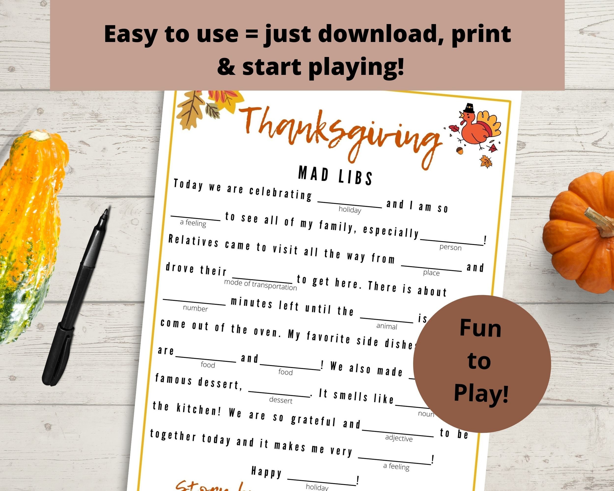 Thanksgiving Mad Libs Game - Children's Thanksgiving Party Game, Kids ...