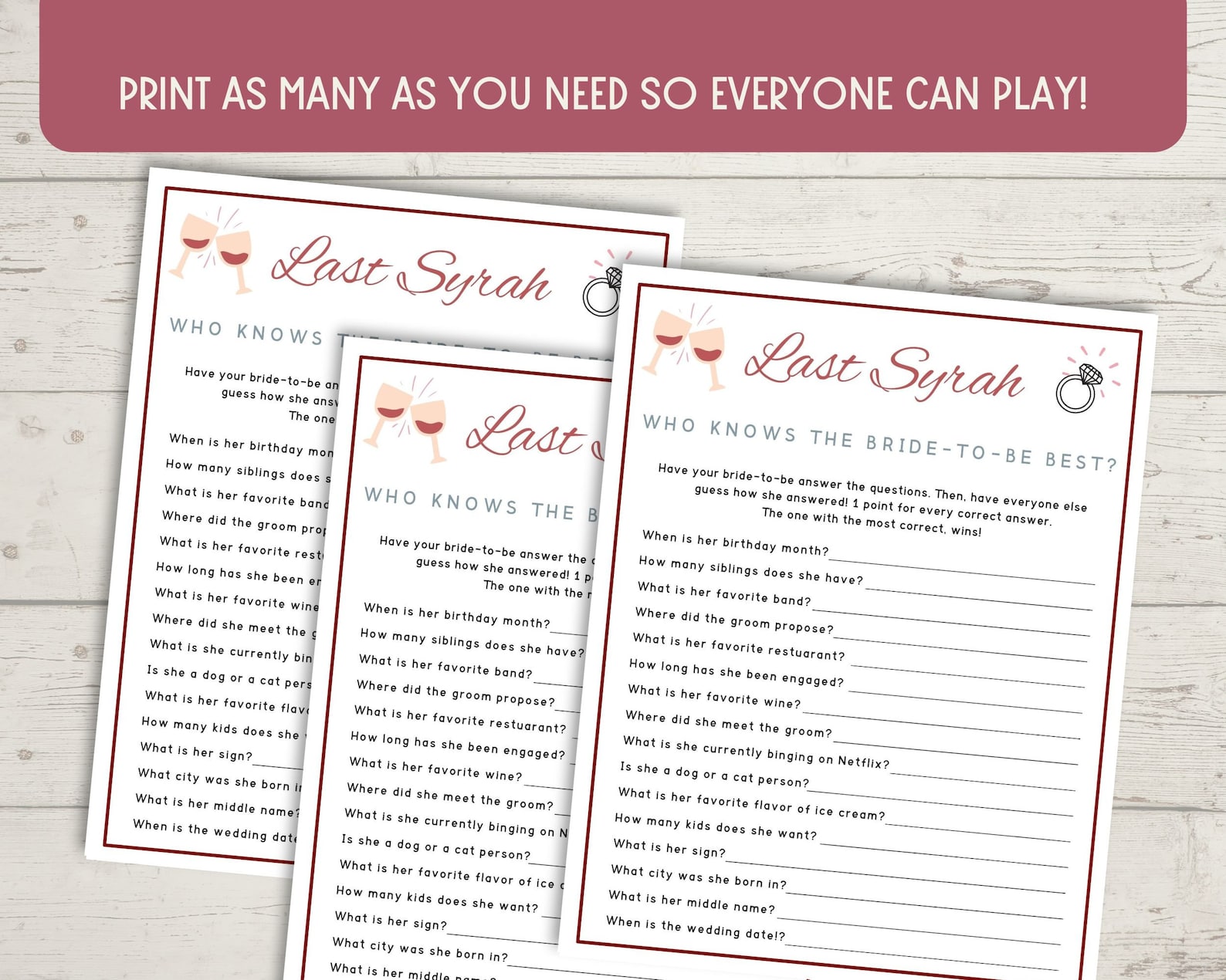 Last Syrah Bachelorette Party Who Knows the Bride Best Game - Etsy