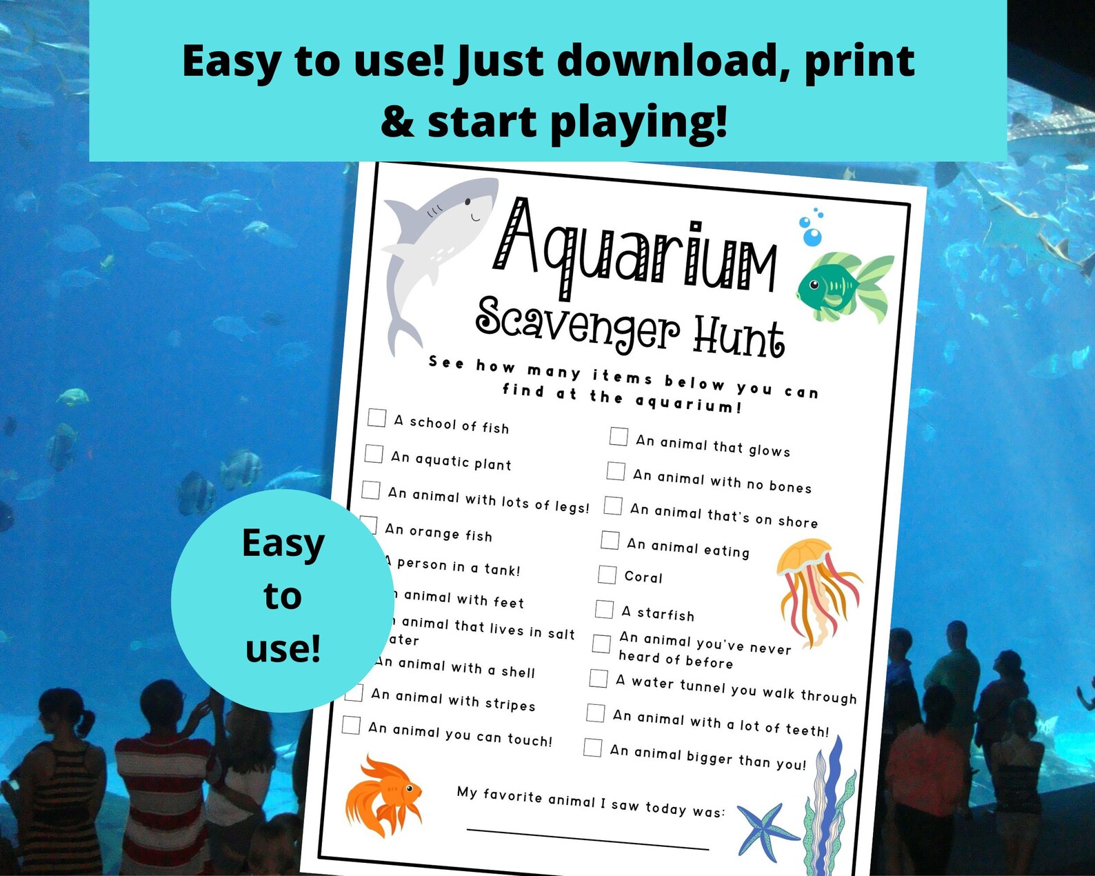 Aquarium Scavenger Hunt Aquarium Treasure Hunt, Ocean Hunt for Kids ...