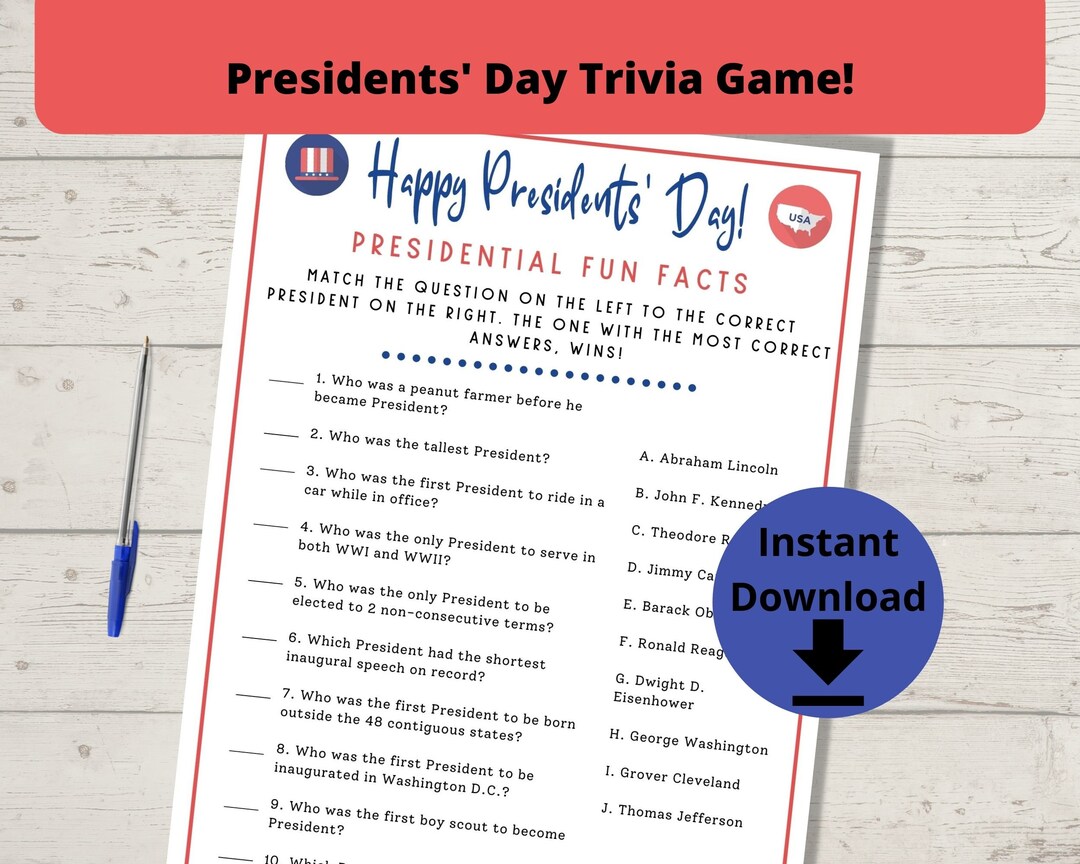 Presidents' Day Trivia Game - Presidents' Day Fun Facts Game, US ...