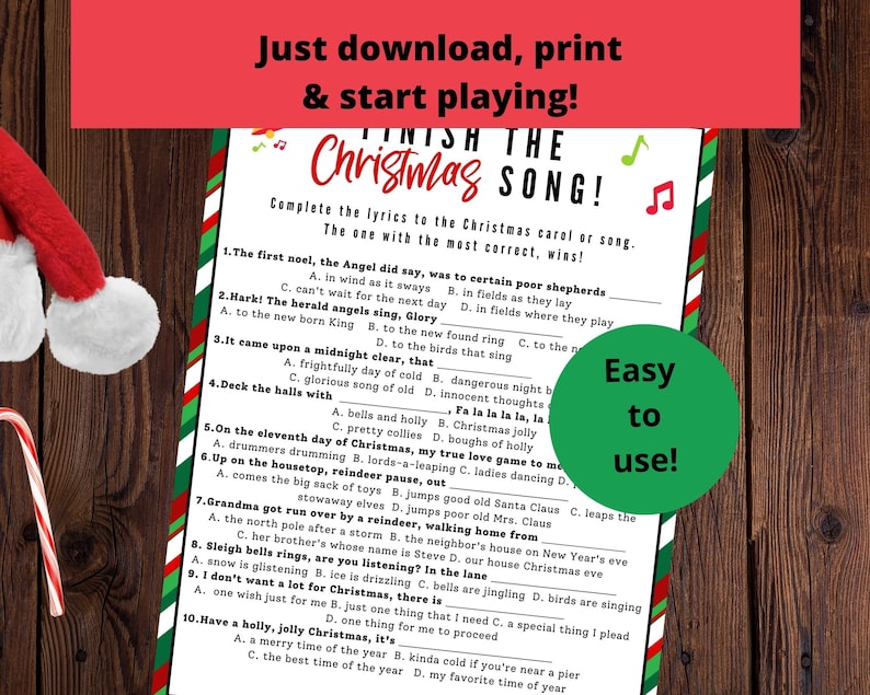 Christmas Carol Game Finish the Christmas Song Lyric Game, Christmas ...