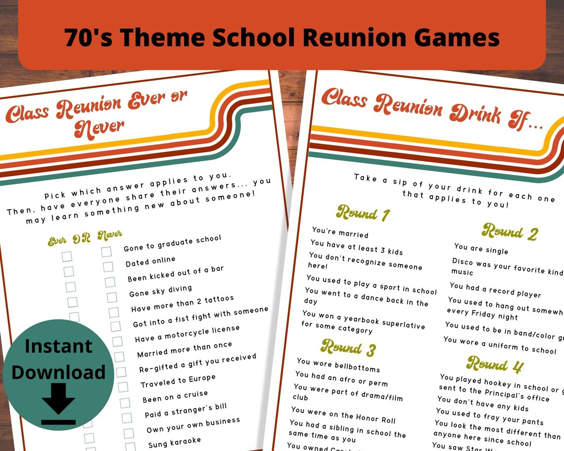 Class Reunion Game Bundle - 70s Theme School Reunion Drink If Game and ...