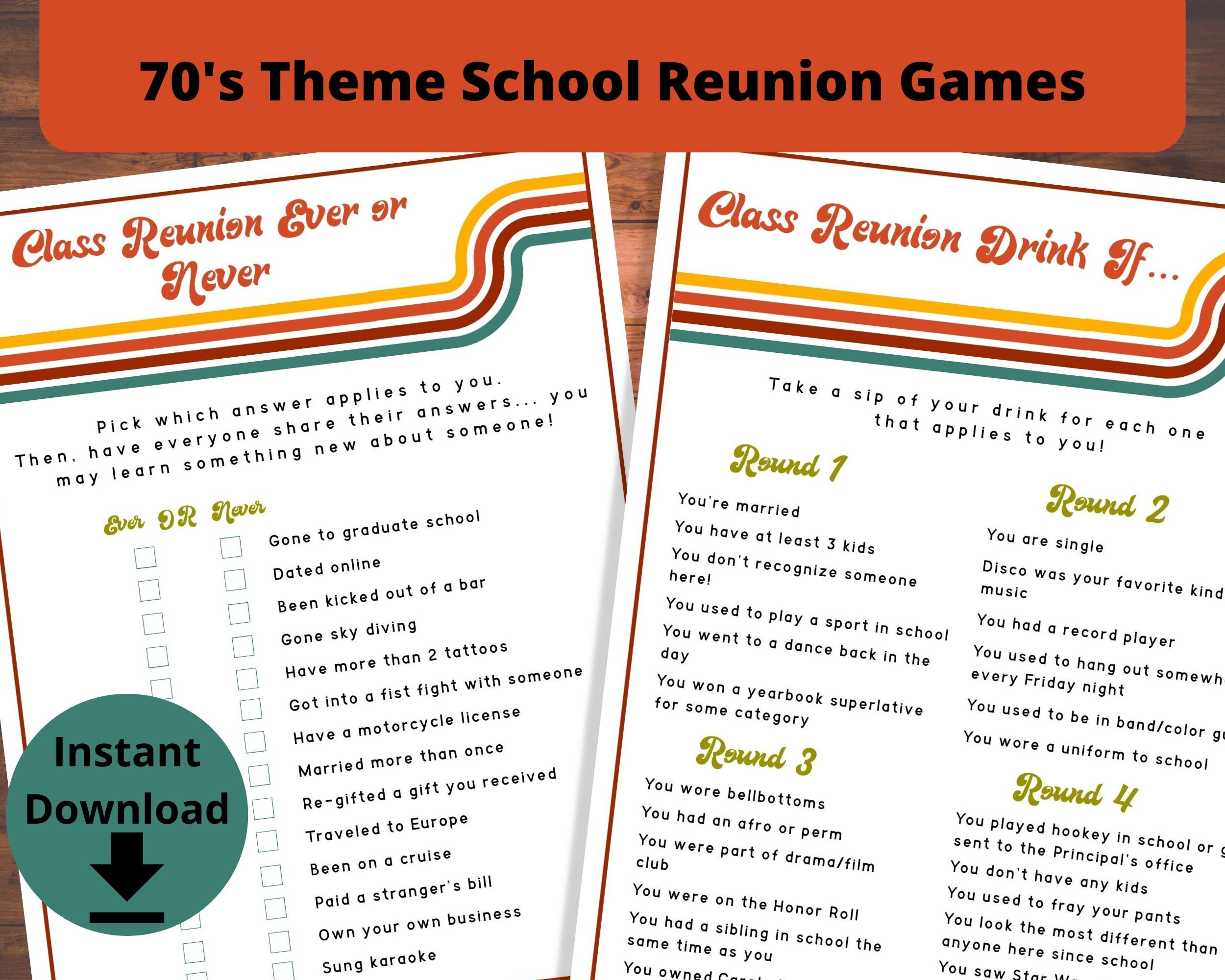 Class Reunion Game Bundle - 70s Theme School Reunion Drink If Game and ...