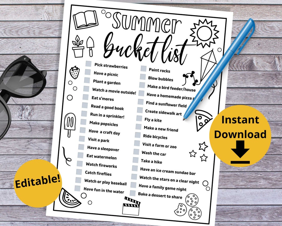 Summer Bucket List - Editable Summer Bucket List, Summer Checklist ...
