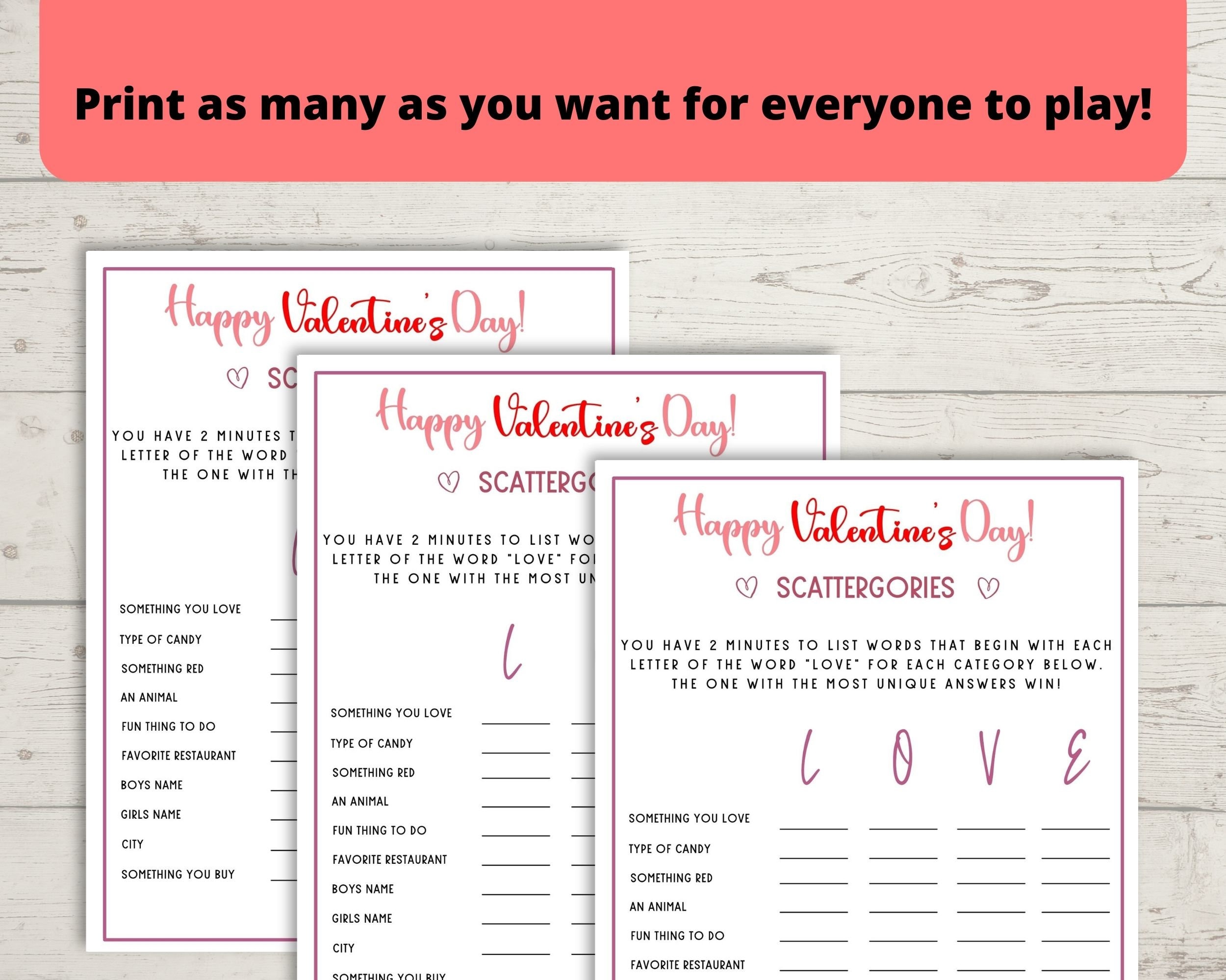Valentine's Day Scattergories Game Valentine's Day Children's Activity ...