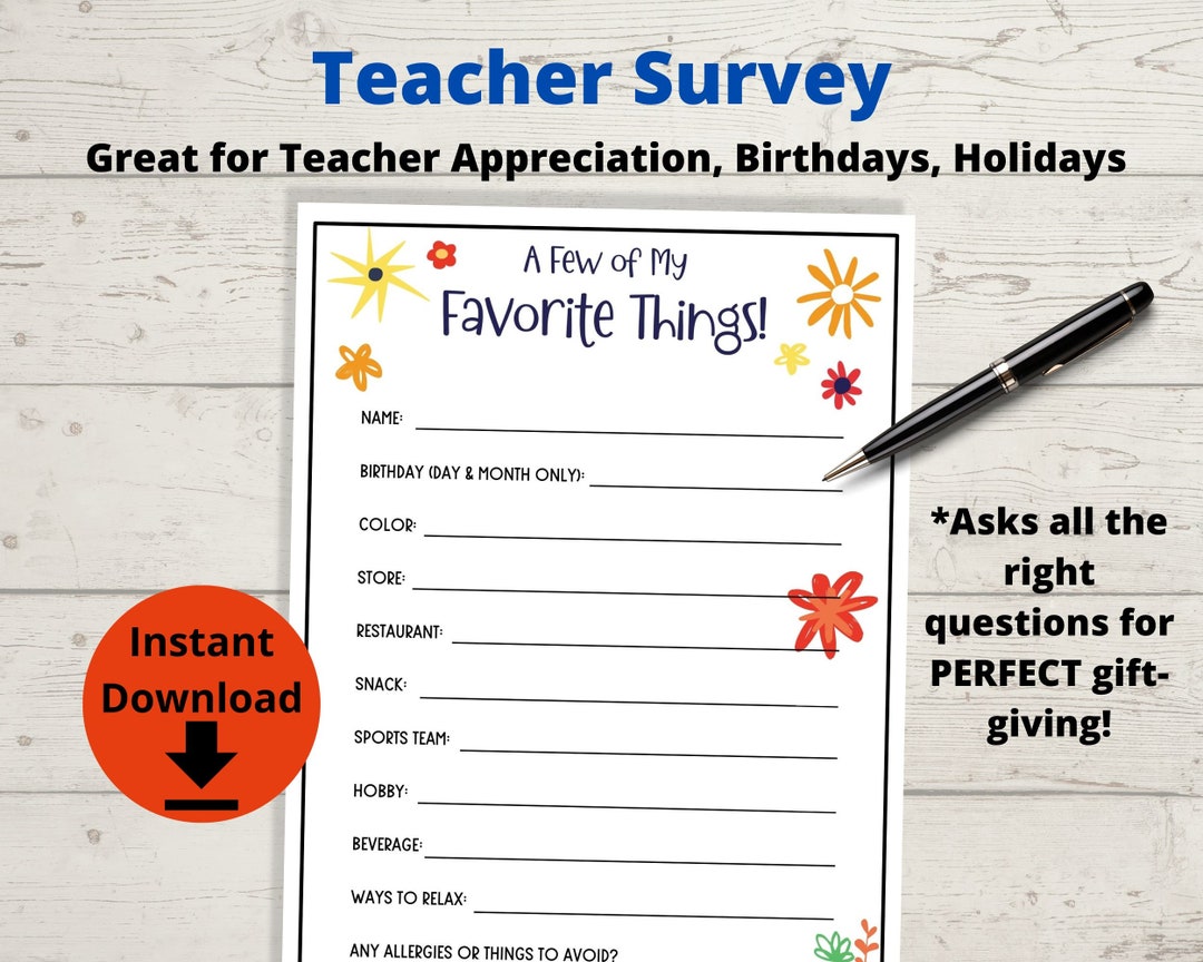Teacher Survey - Teacher's Favorite Things Questionnaire, Teacher ...