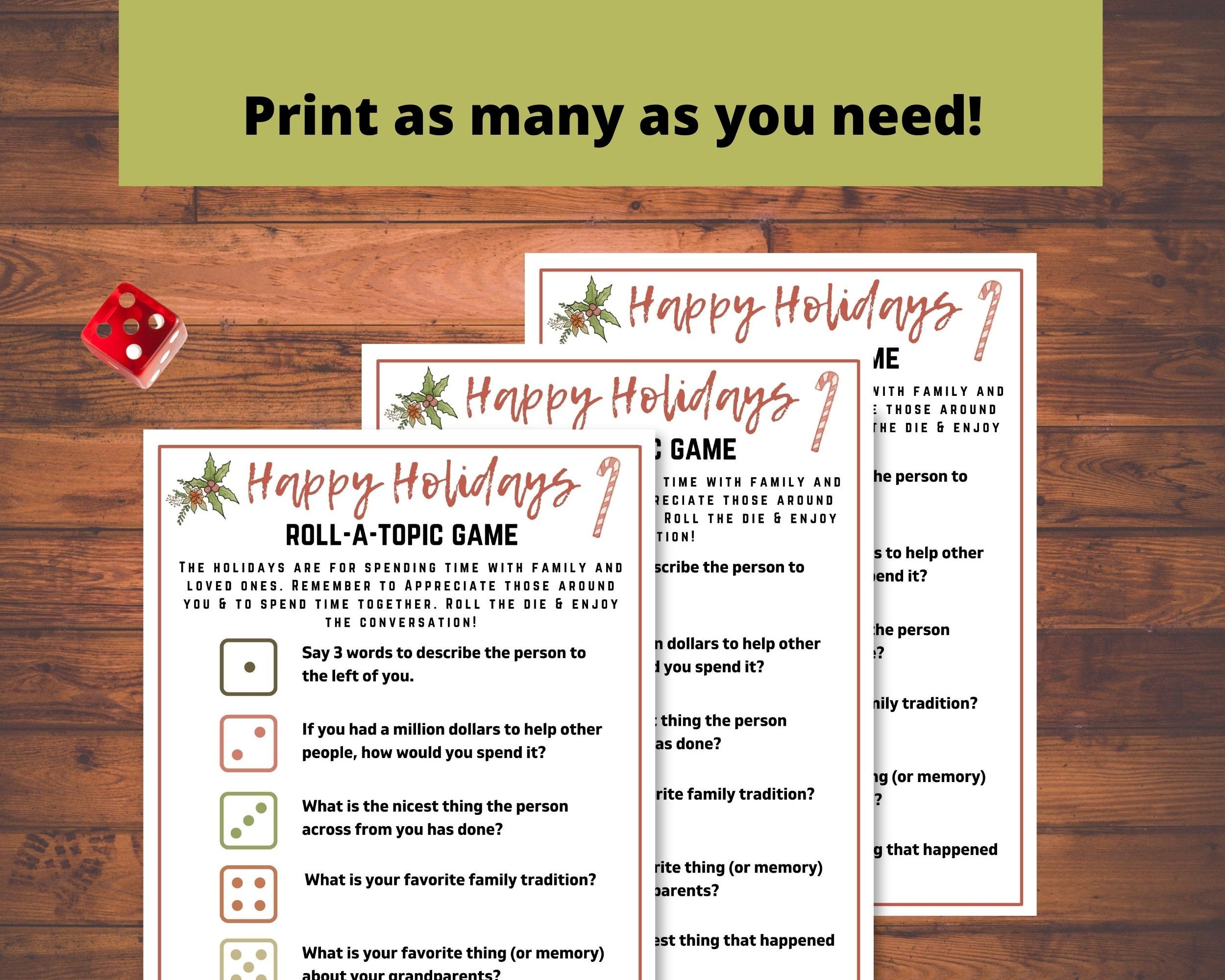 Holiday Roll a Topic Dice Game - Ice Breaker Game, Christmas Dice Game ...