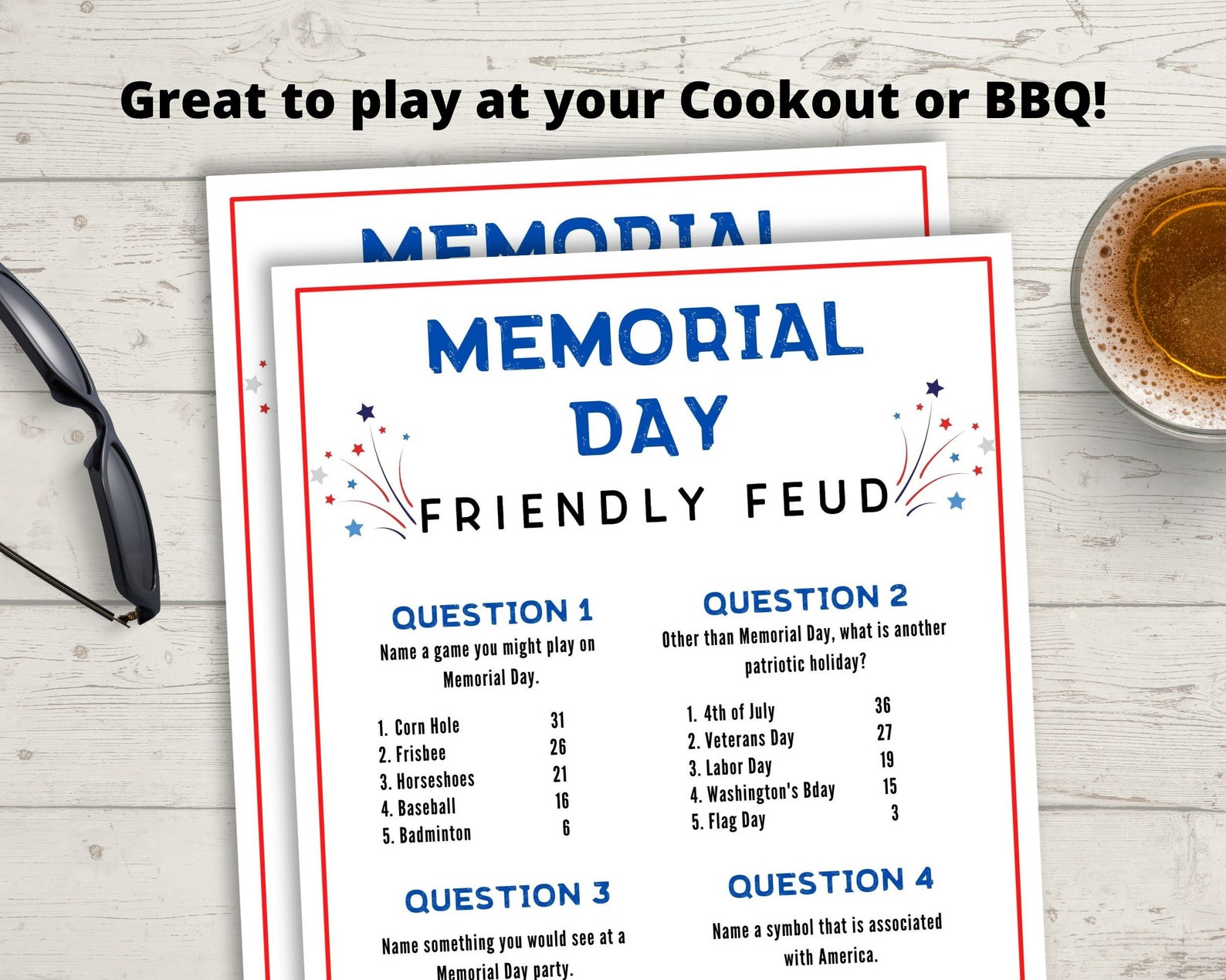 Memorial Day Games - Friendly Feud Trivia Game, Printable Patrtiotic ...