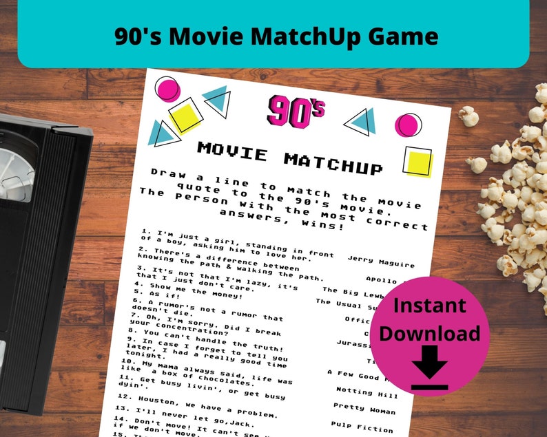 90's Movie Matchup Trivia Game - 90s Themed Birthday Game, 1990s Party ...