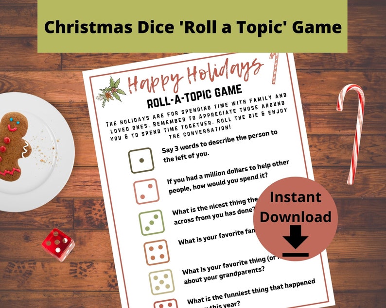 Holiday Roll a Topic Dice Game - Ice Breaker Game, Christmas Dice Game ...