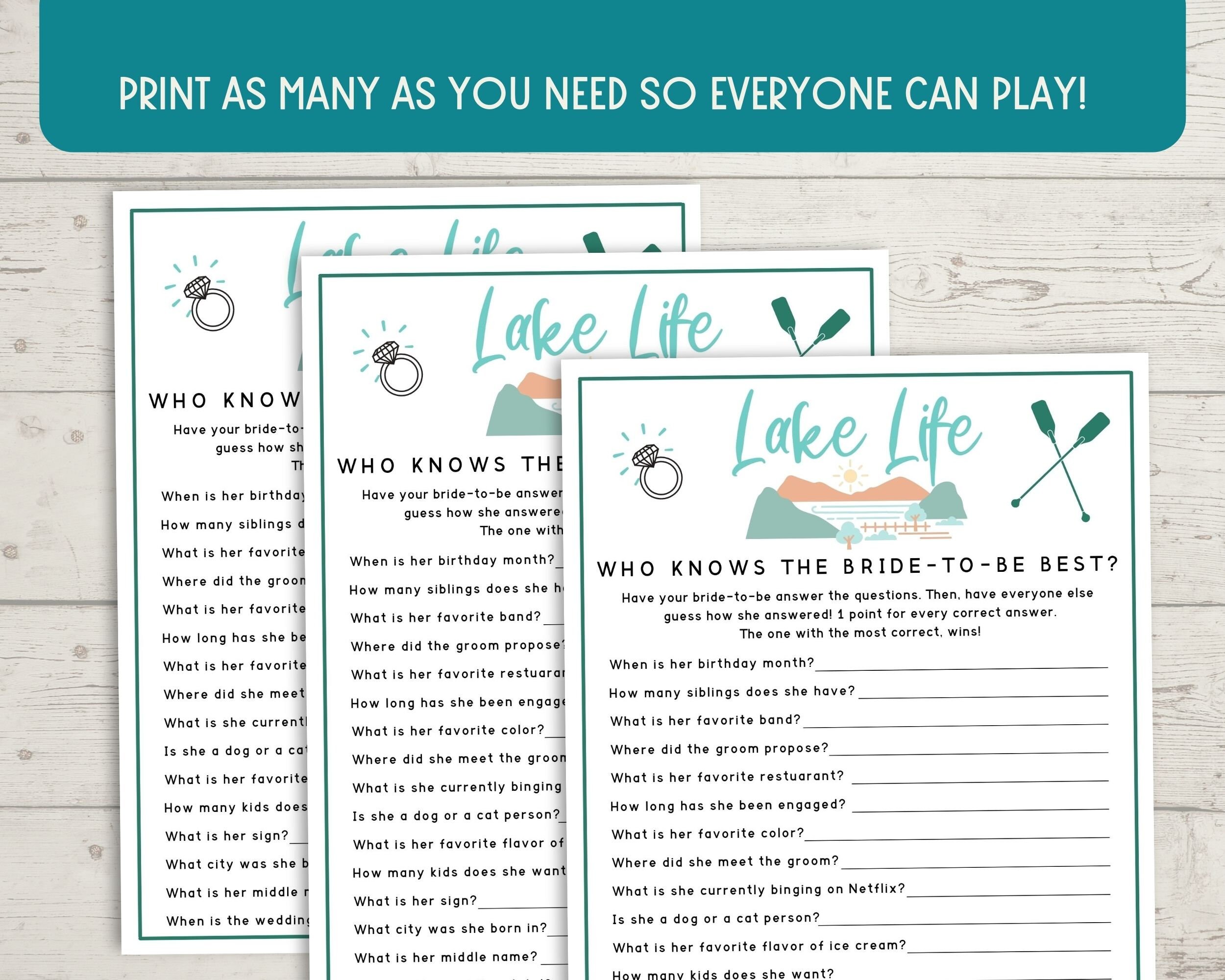 Lake Life Bachelorette Party Game - Who Knows the Bride Best, Lake ...