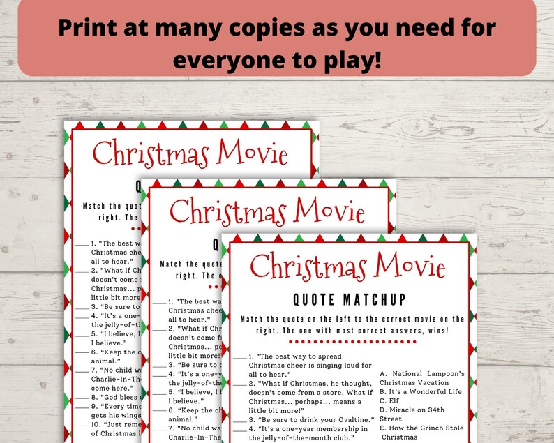Christmas Movie Trivia Quote Match, Match the Movie Quote, Guess the ...