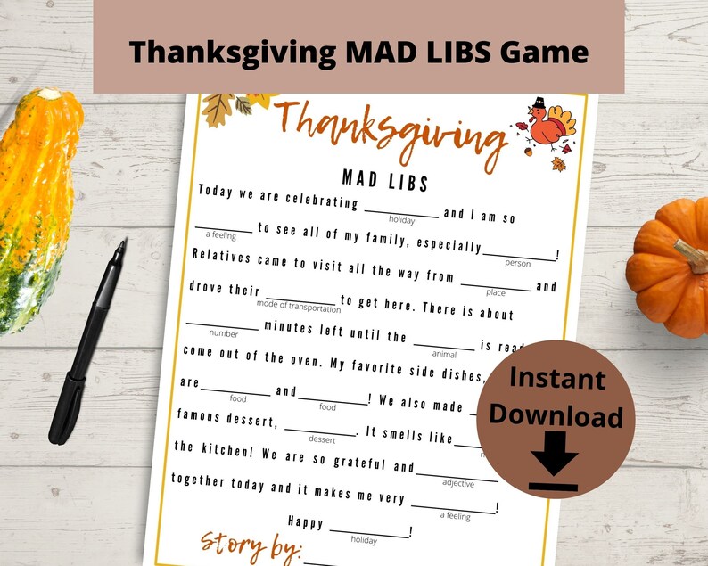 Thanksgiving Mad Libs Game - Children's Thanksgiving Party Game, Kids ...
