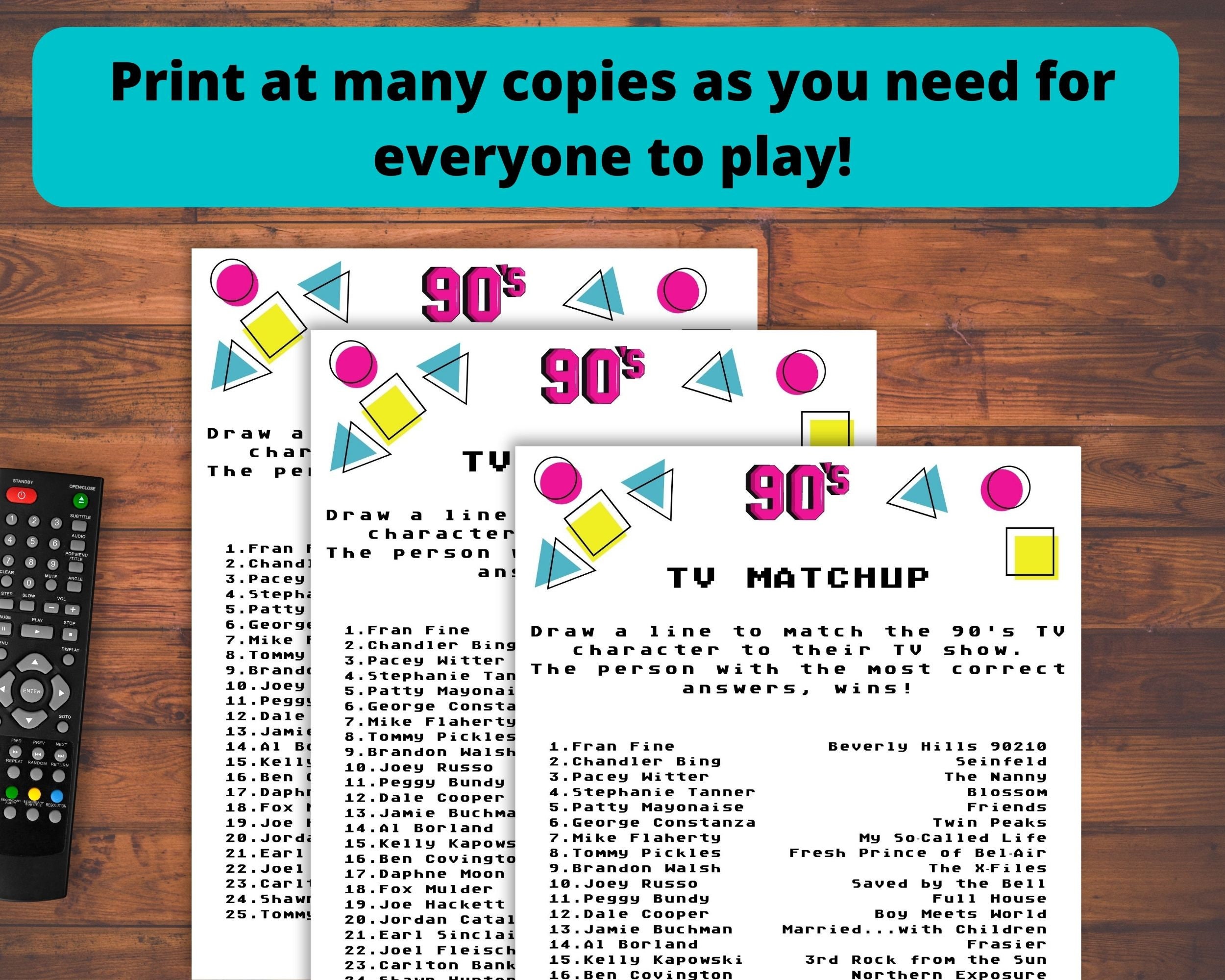 90's TV Character Matchup Trivia Game 90s Themed Birthday Game, 1990s ...