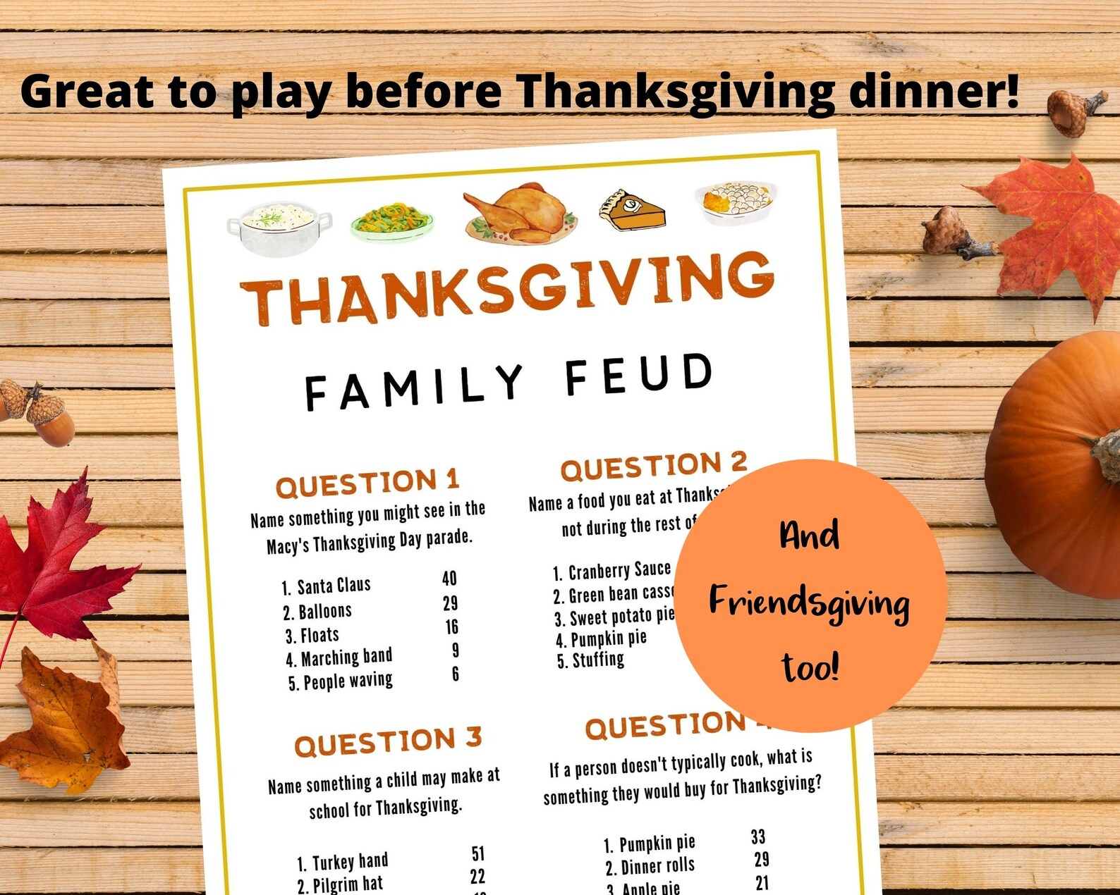Thanksgiving Day Family Feud Trivia Game - Friendsgiving Games, Turkey ...