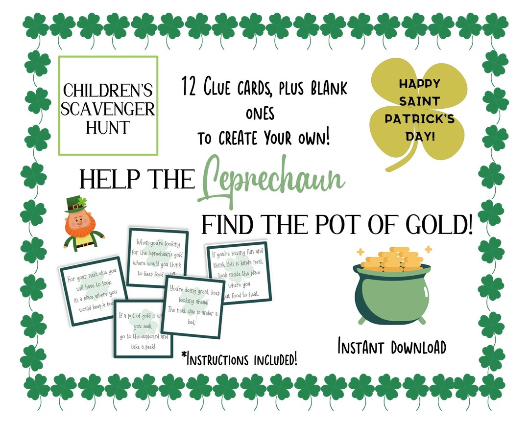 St Patricks Day Scavenger Hunt Printable - Leprechaun Game, Saint ...