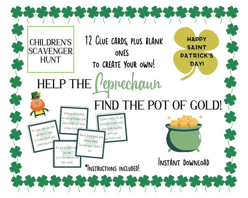 St Patricks Day Scavenger Hunt Printable Leprechaun Game, Saint Patrick ...