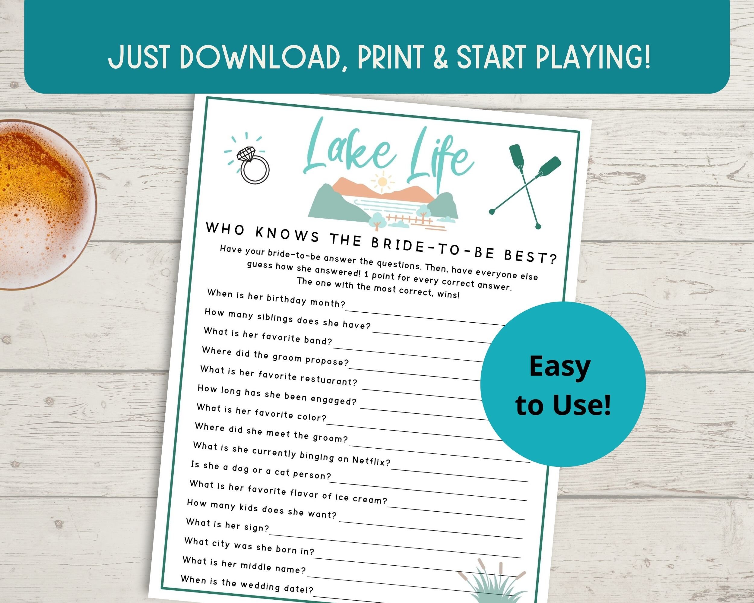 Lake Life Bachelorette Party Game - Who Knows the Bride Best, Lake ...