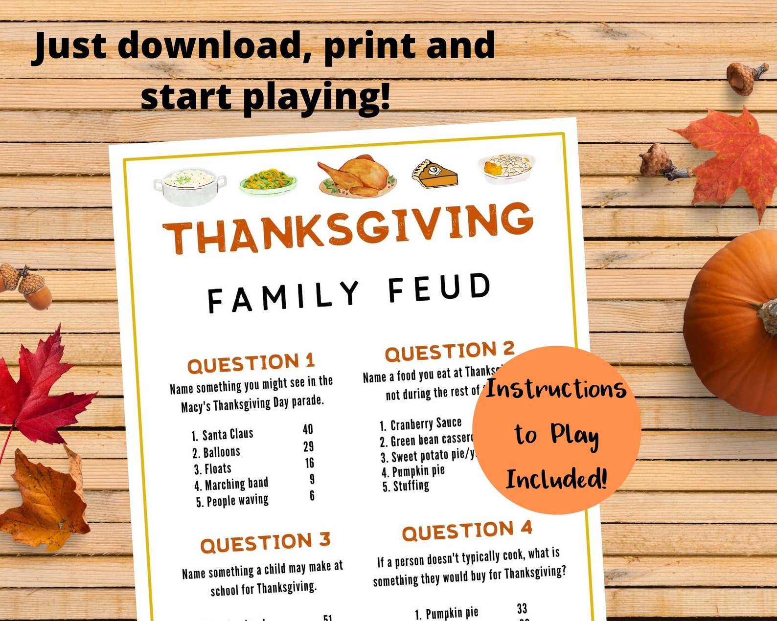 Thanksgiving Day Family Feud Trivia Game Friendsgiving - Etsy