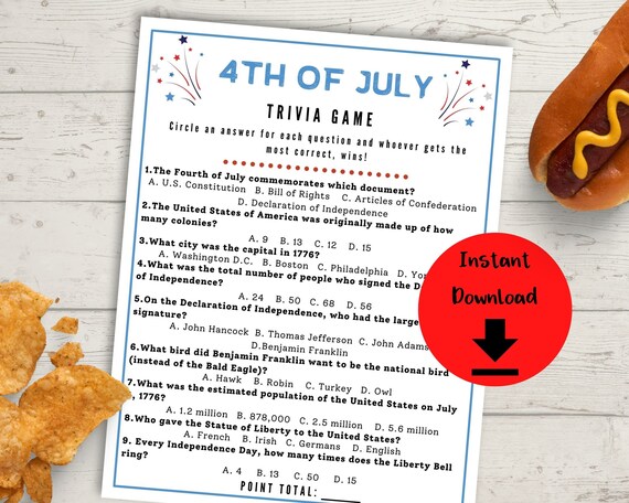 4th of July Trivia Game 4th of July Games Fourth of July - Etsy