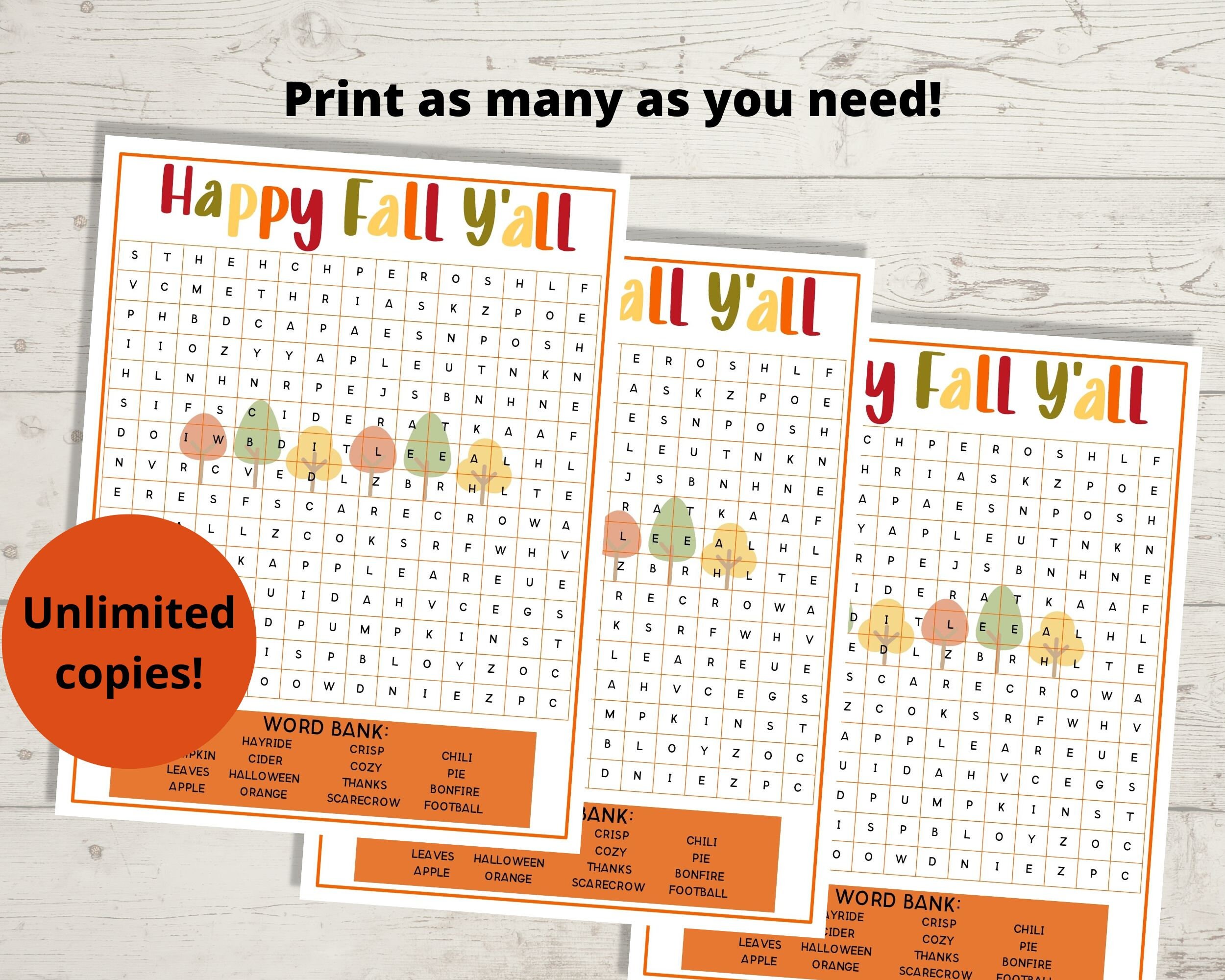 Fall Word Search Kids Word Games Autumn Game Fall - Etsy