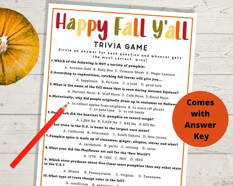 Fall Trivia Game - Autumn Trivia Quiz, Fall Printables, Printable ...